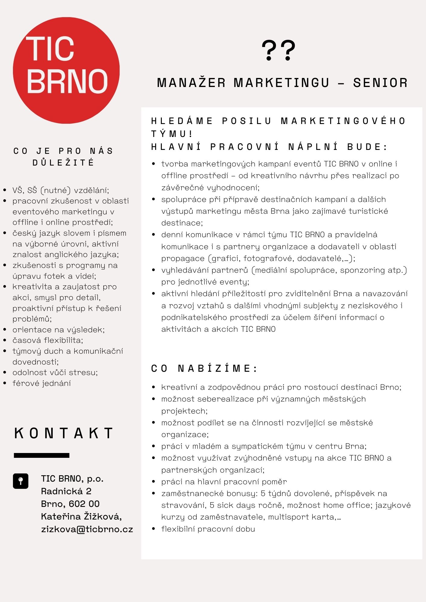 TIC BRNO - konkurz (manažer/ka marketingu – senior/ka) - Culturenet
